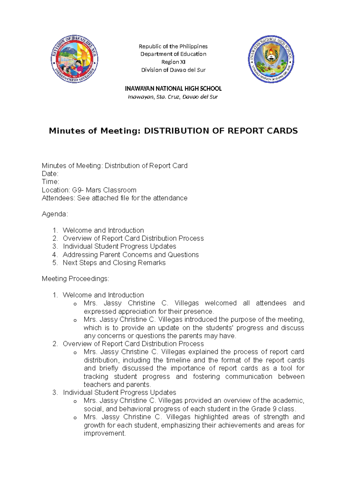 Minutes of Meeting: Grade 9 Report Card Distribution Overview - Studocu