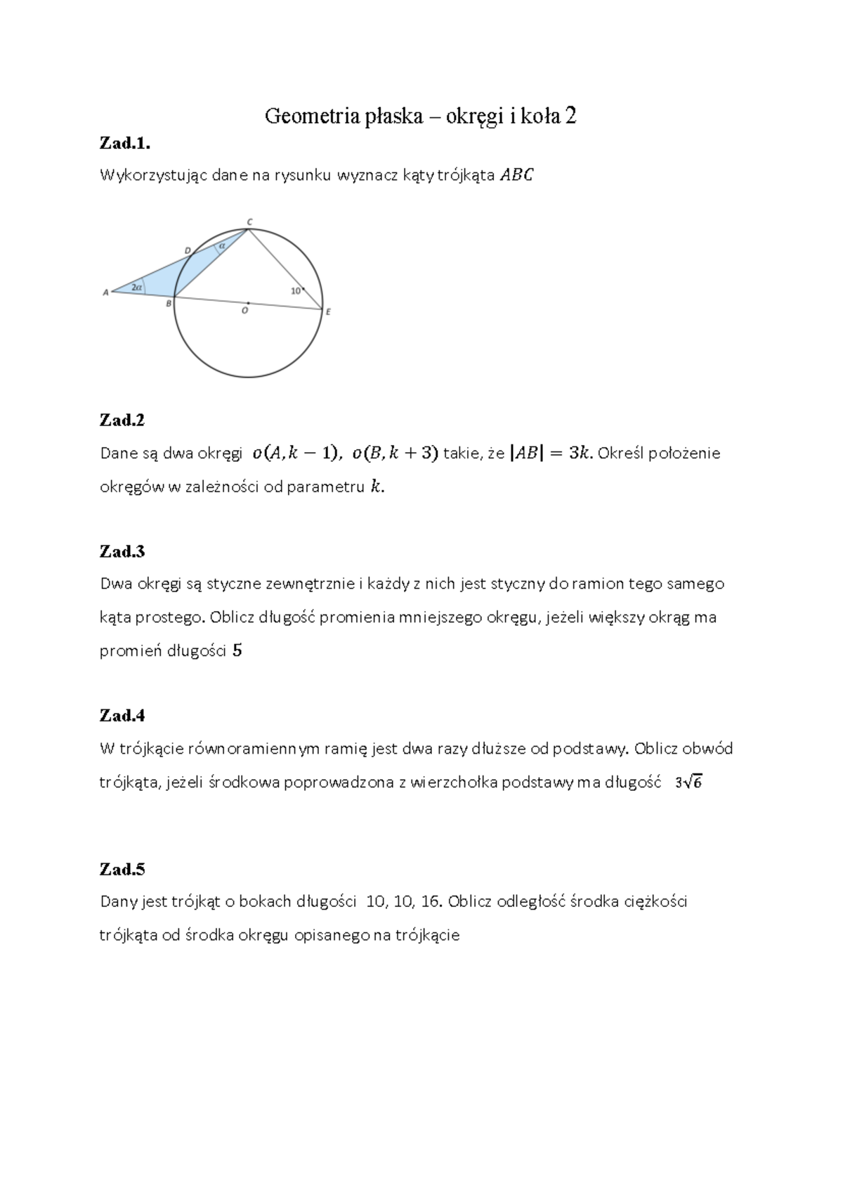 Spr 1 - Geometria płaska - Okręgi i Koła - Zadania Pazdro kl2 ZP - Studocu