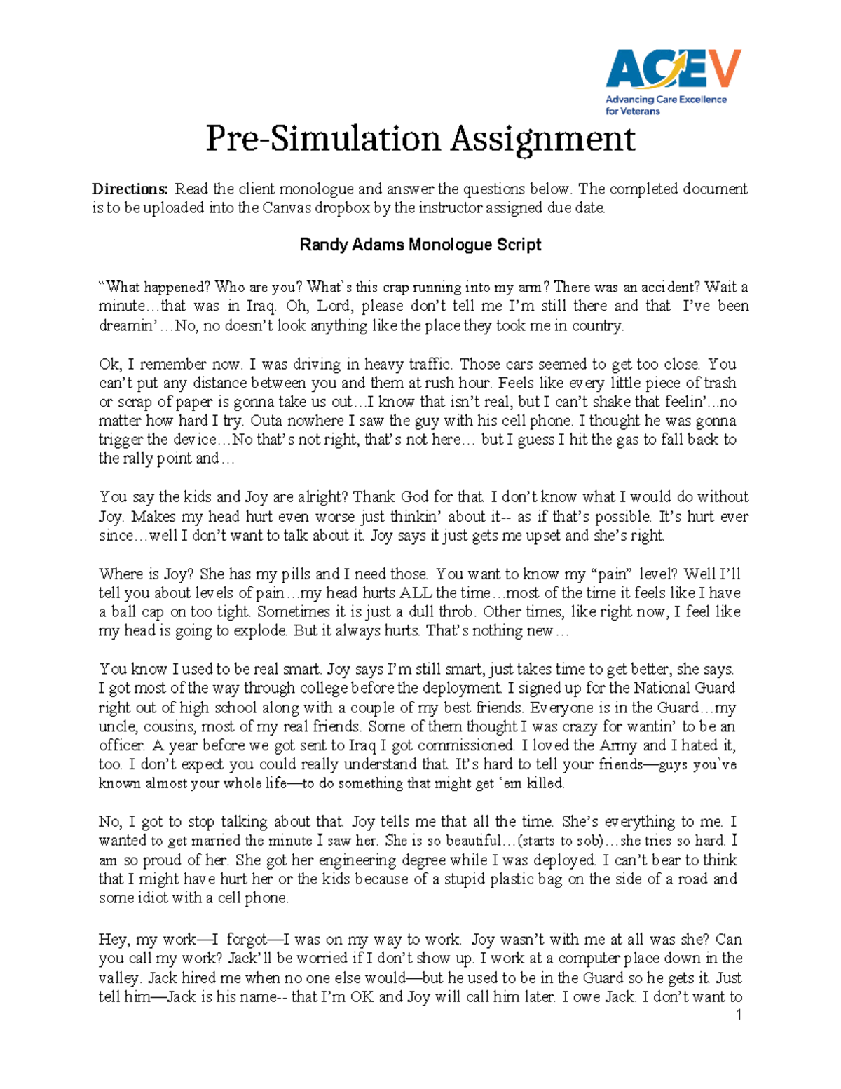 Randy Adams Pre-Simulation Assignment: Analysis of Client Monologue ...