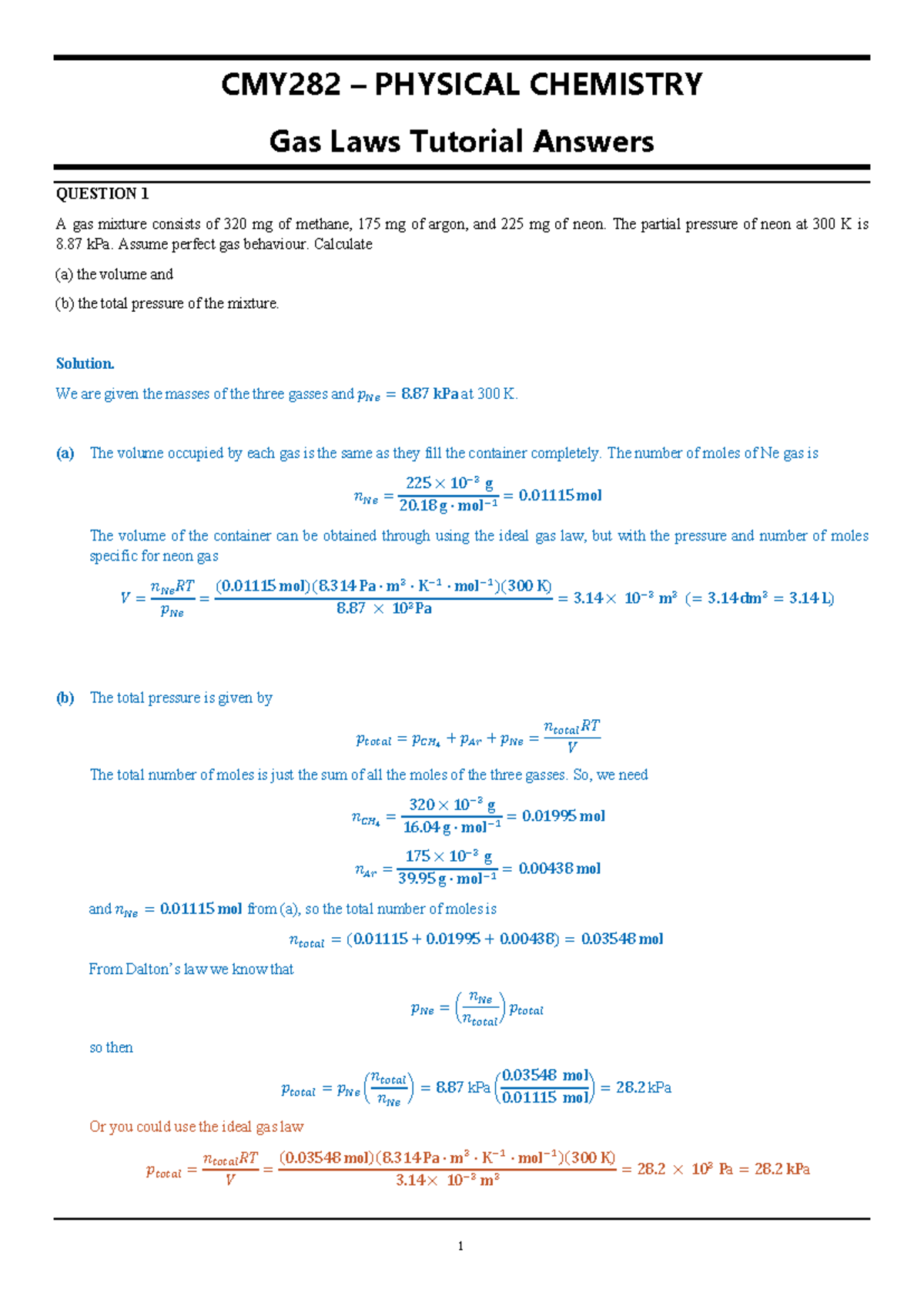 CMY282 PHYSICAL CHEMISTRY Gas Laws Tutorial Memo 2025 - Studocu