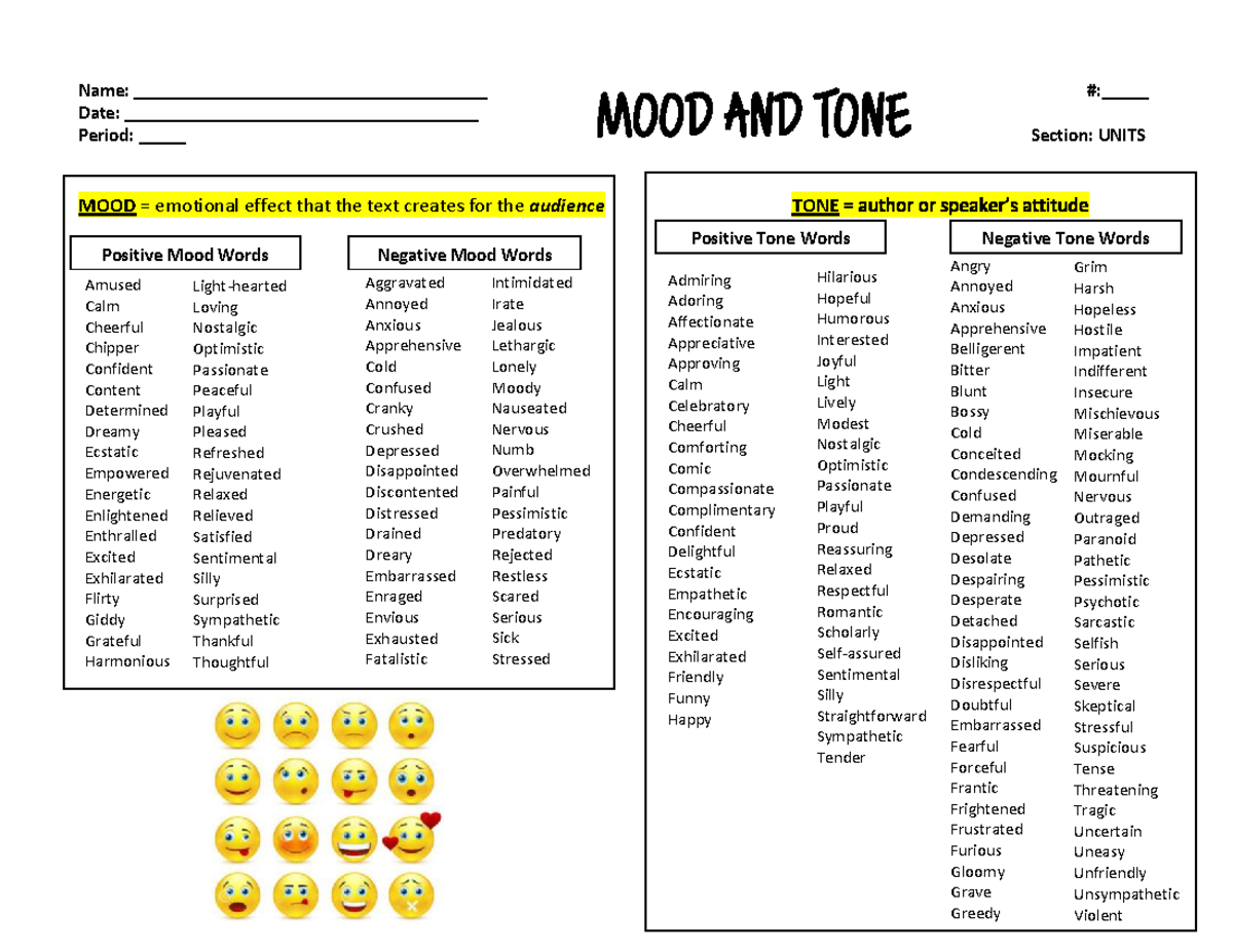 Mood and Tone - Emotional Effects and Vocabulary Notes - Studocu