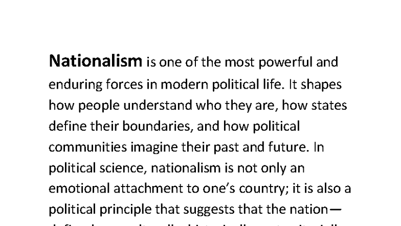 Nationalism in Modern Politics: Ideologies, Impacts, and Dynamics - Studocu