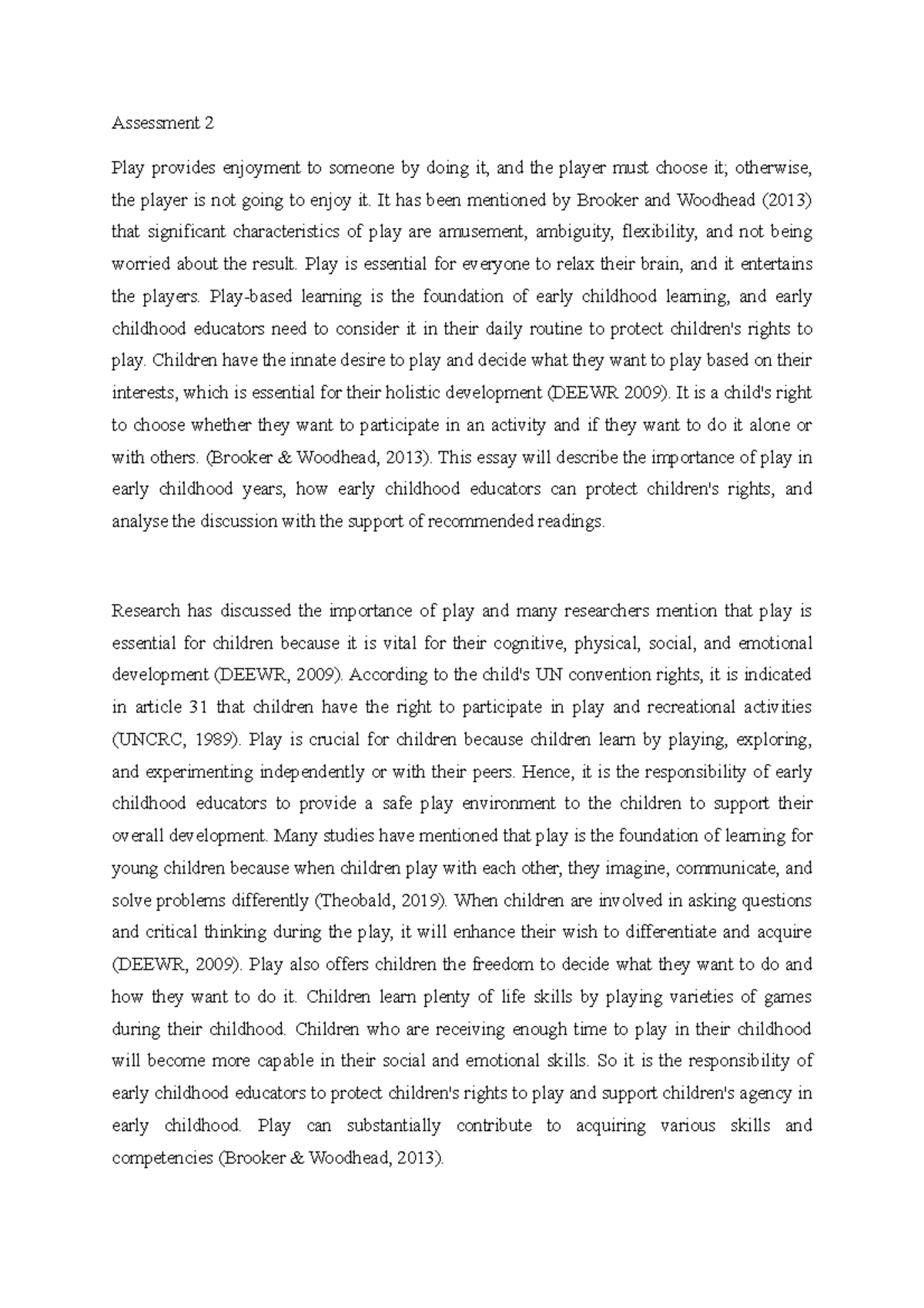 Assessment 2 - Play based learning - Assessment 2 Play provides ...