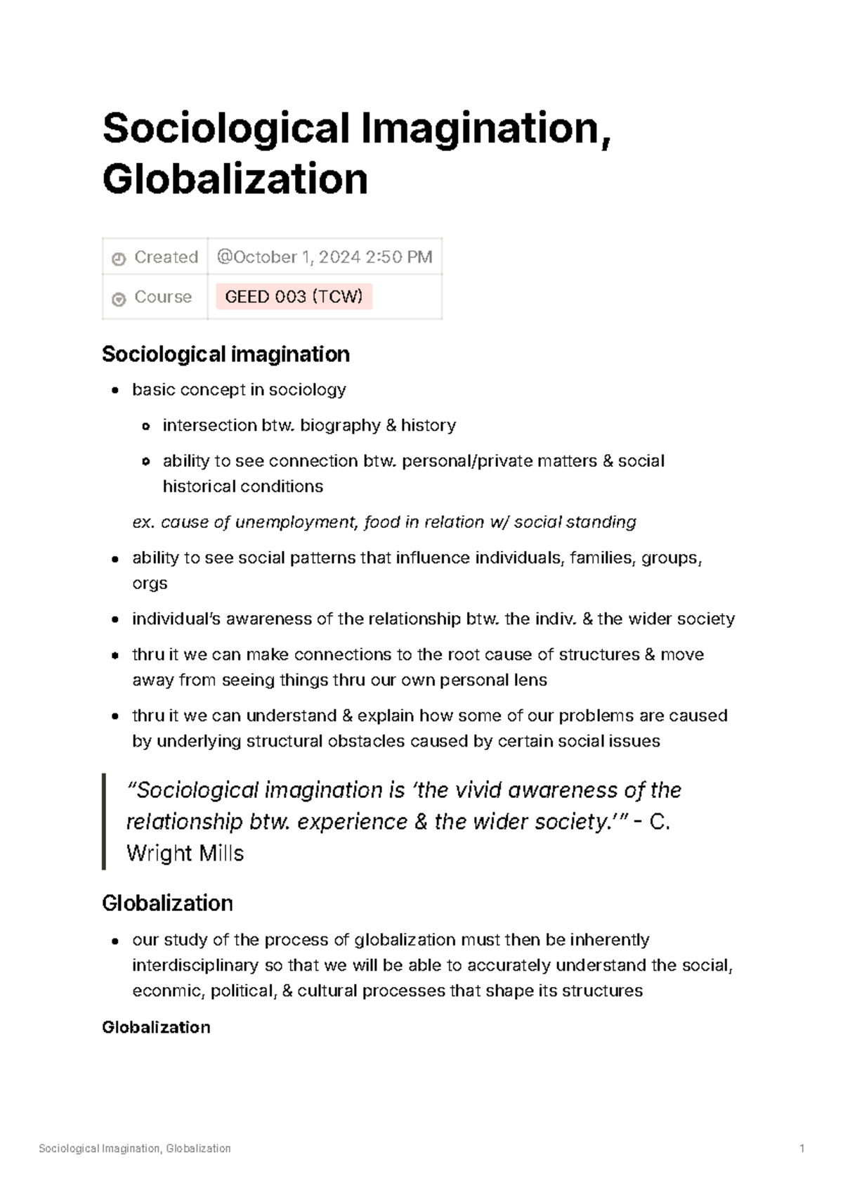 GEED 003 TCW Notes: Lesson 1 - Sociological Imagination & Globalization ...