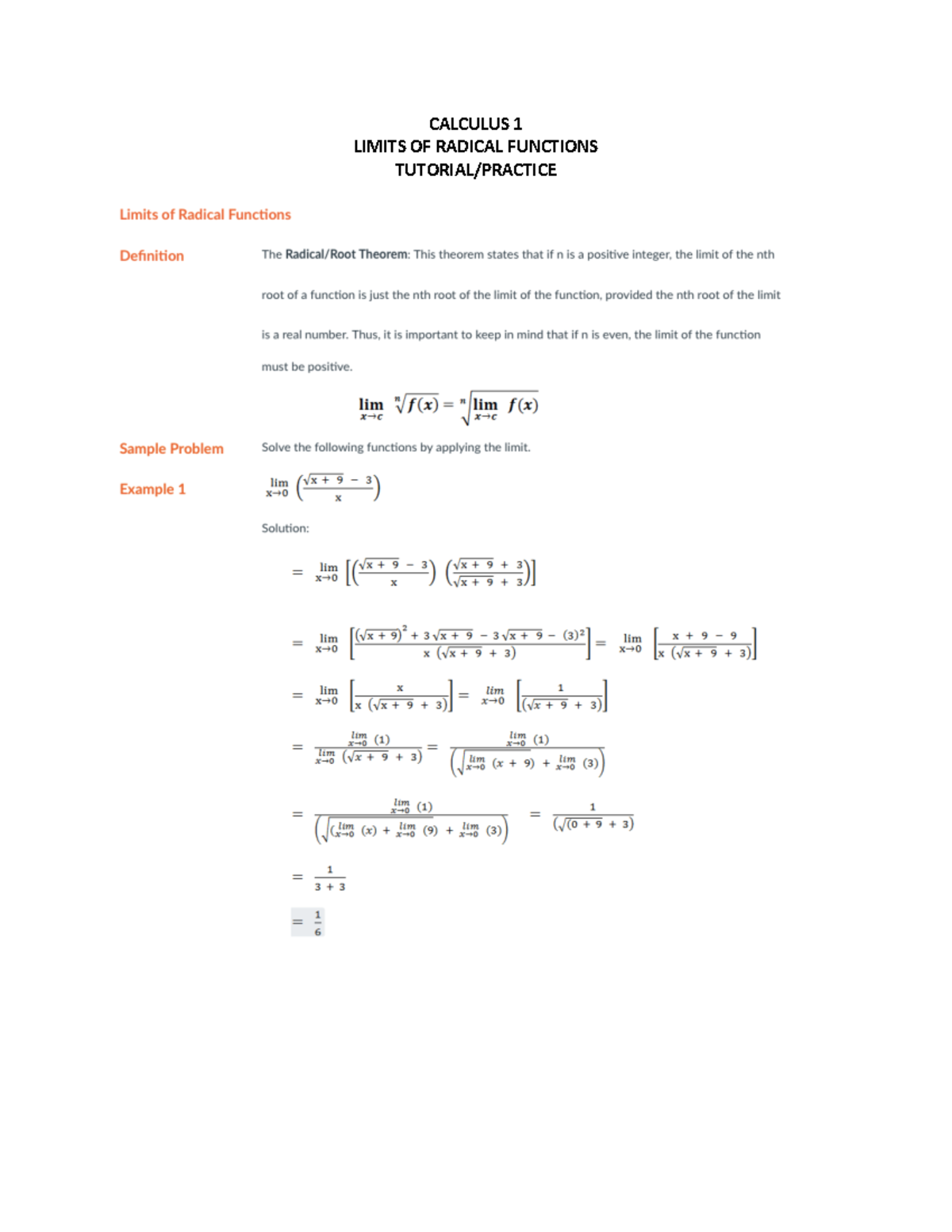Calculus 1: Limits of Radical Functions Tutorial/Practice Guide - Studocu
