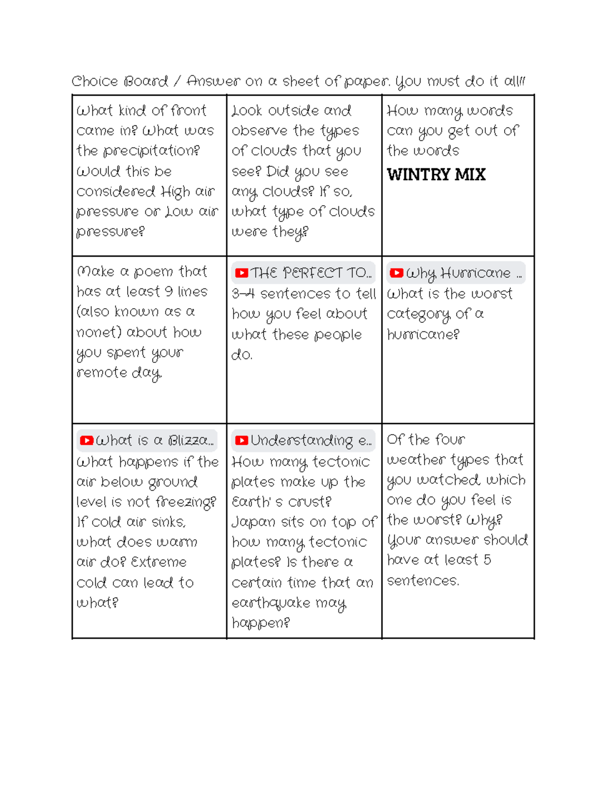 Choice Board Responses: Weather, Poetry, and Earth Science - Studocu