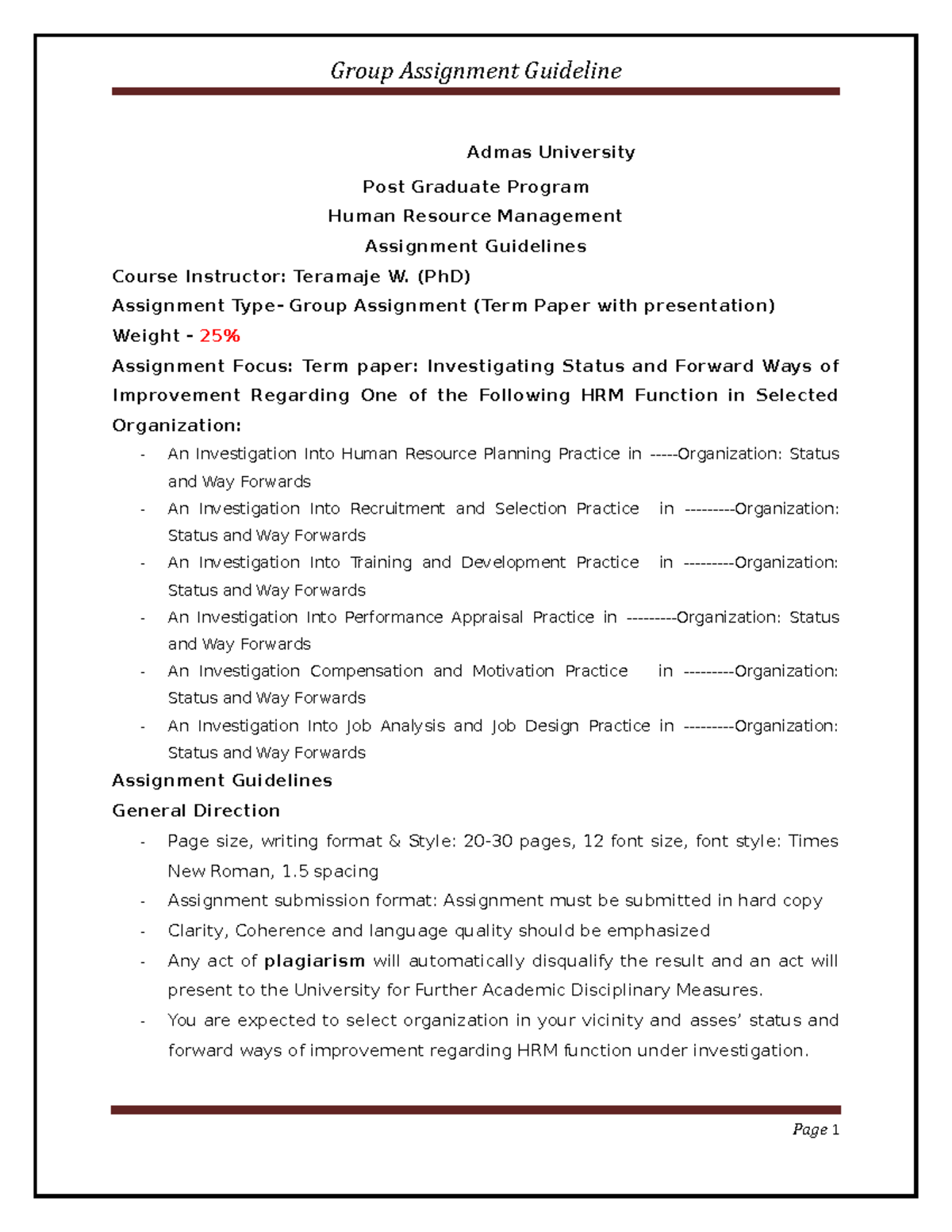 Assignment One Guideline - Group Assignment Guideline Admas University ...