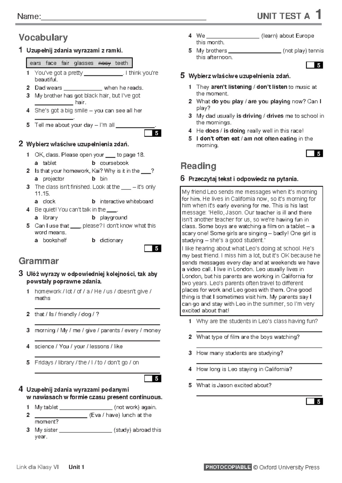 U1 Unit Test A: Vocabulary and Grammar Practice for Class VI - Studocu