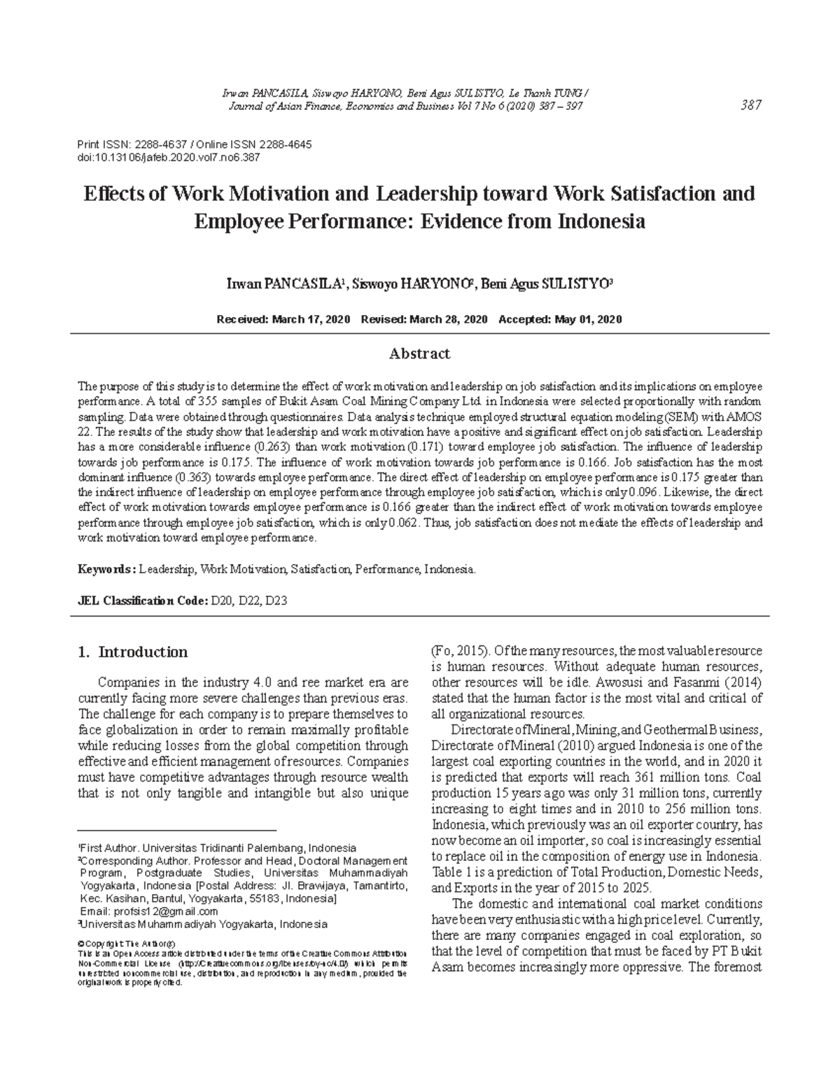 Effects of Work Motivation and Leadership on Job Satisfaction and ...