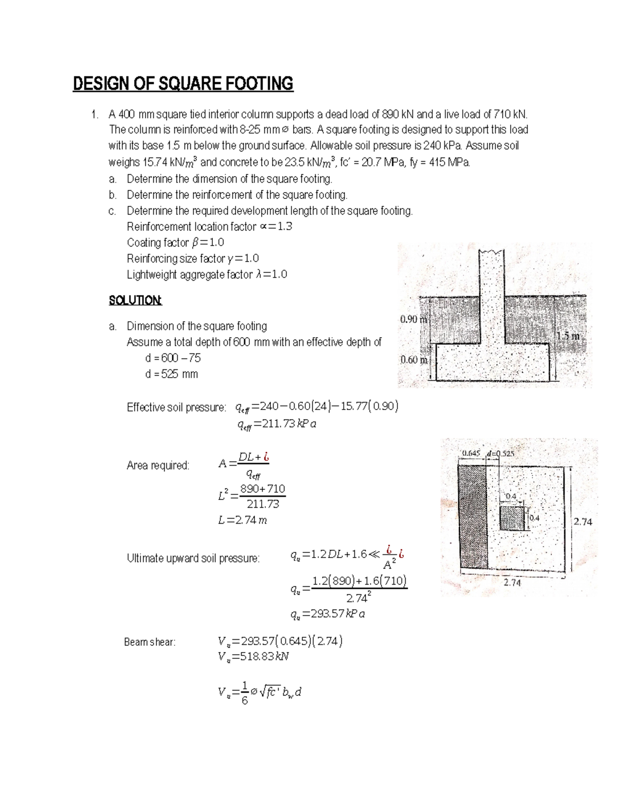 Design of Square Footing for Structural Support: Analysis and Solutions ...