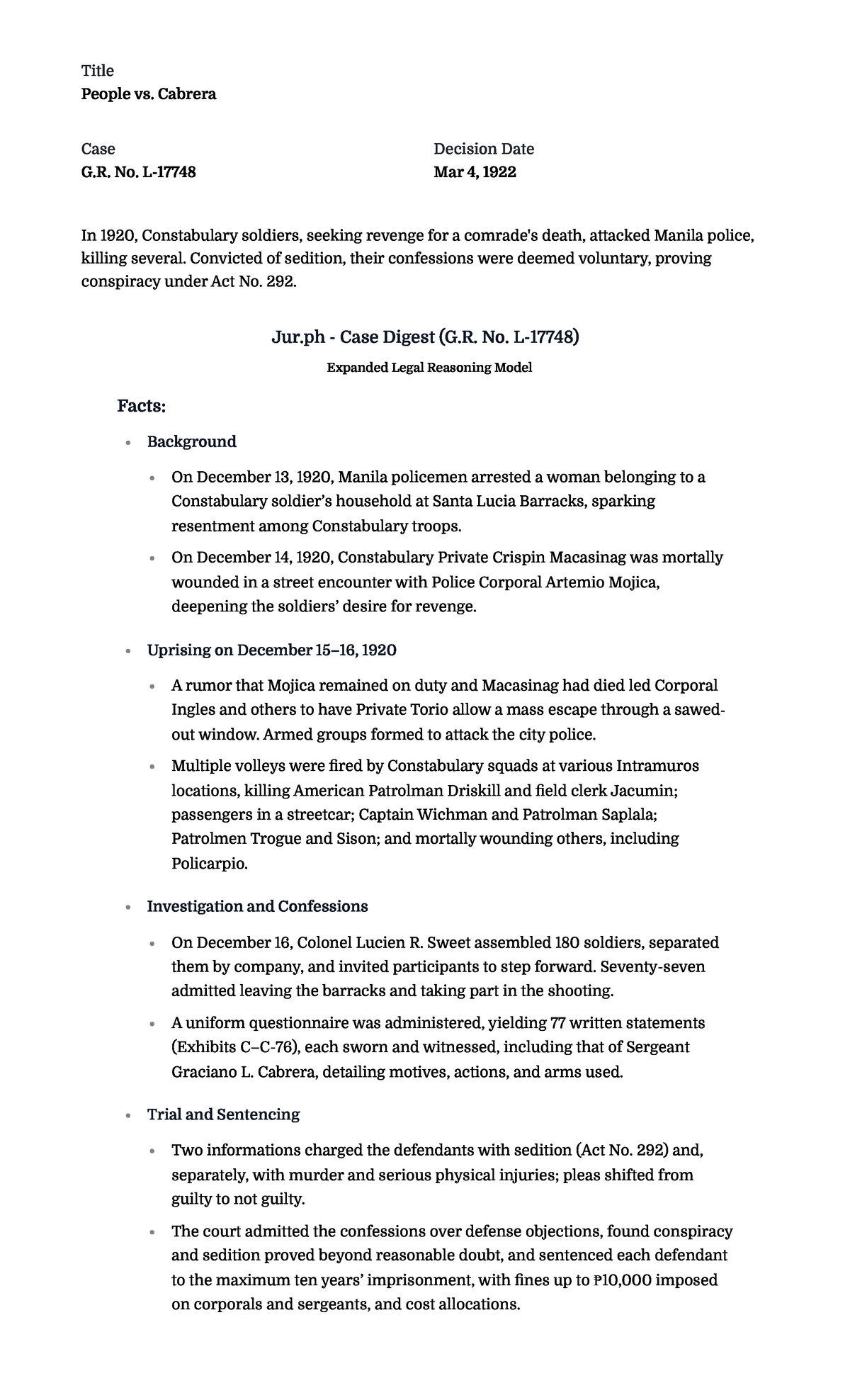 Case Digest G.R. No. L-17748: People vs. Cabrera Analysis - Studocu