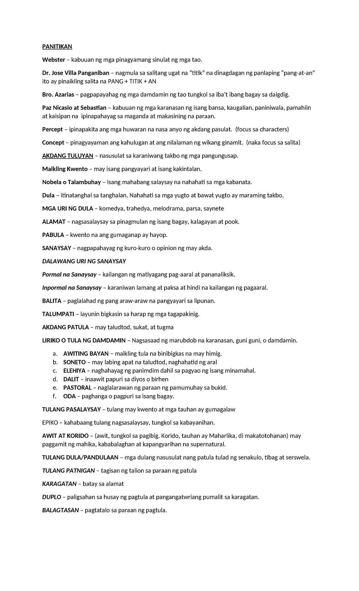 Panitikan Lesson 1 Reviewer: Key Concepts and Literary Forms - Studocu