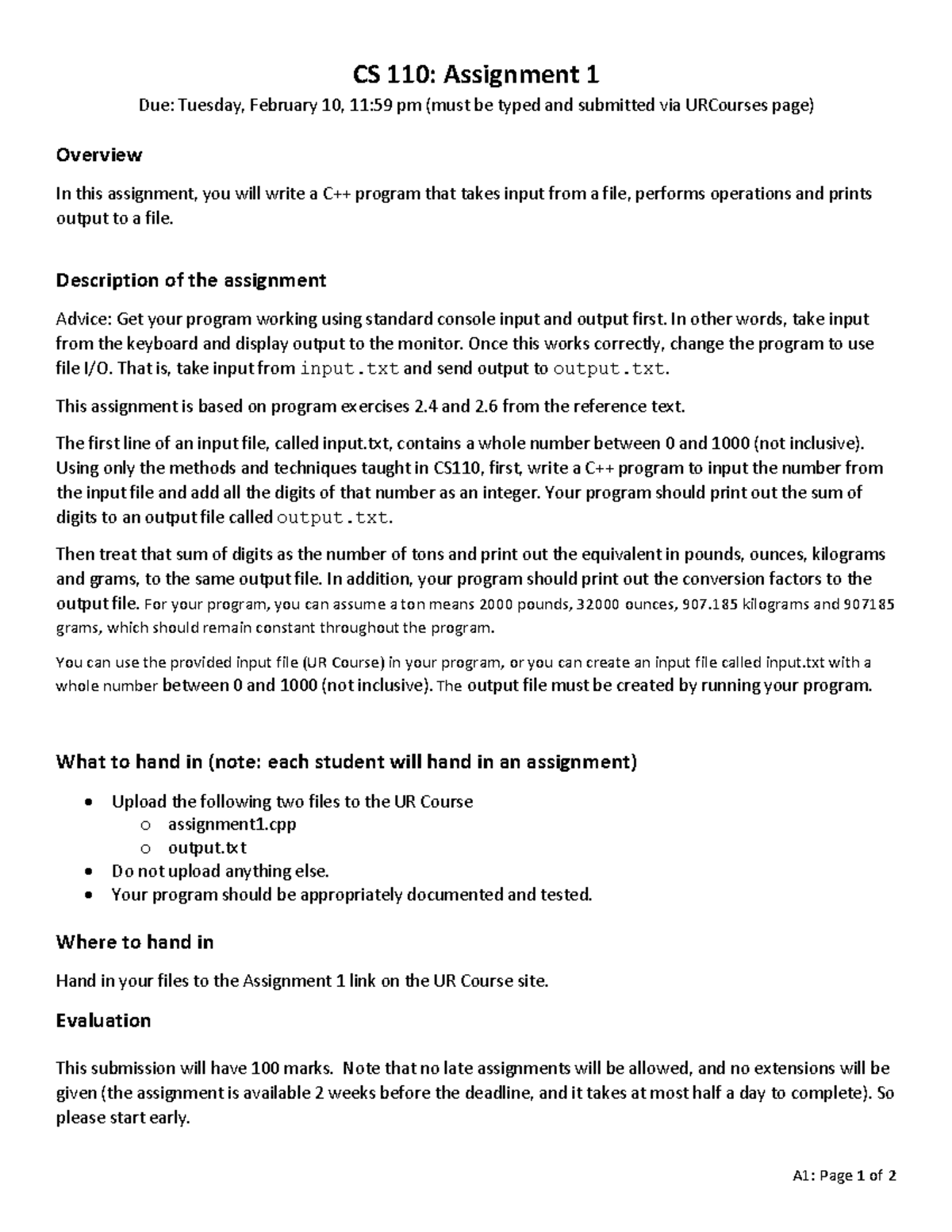 CS 110: Assignment 1 - File Input/Output Program Overview - Studocu