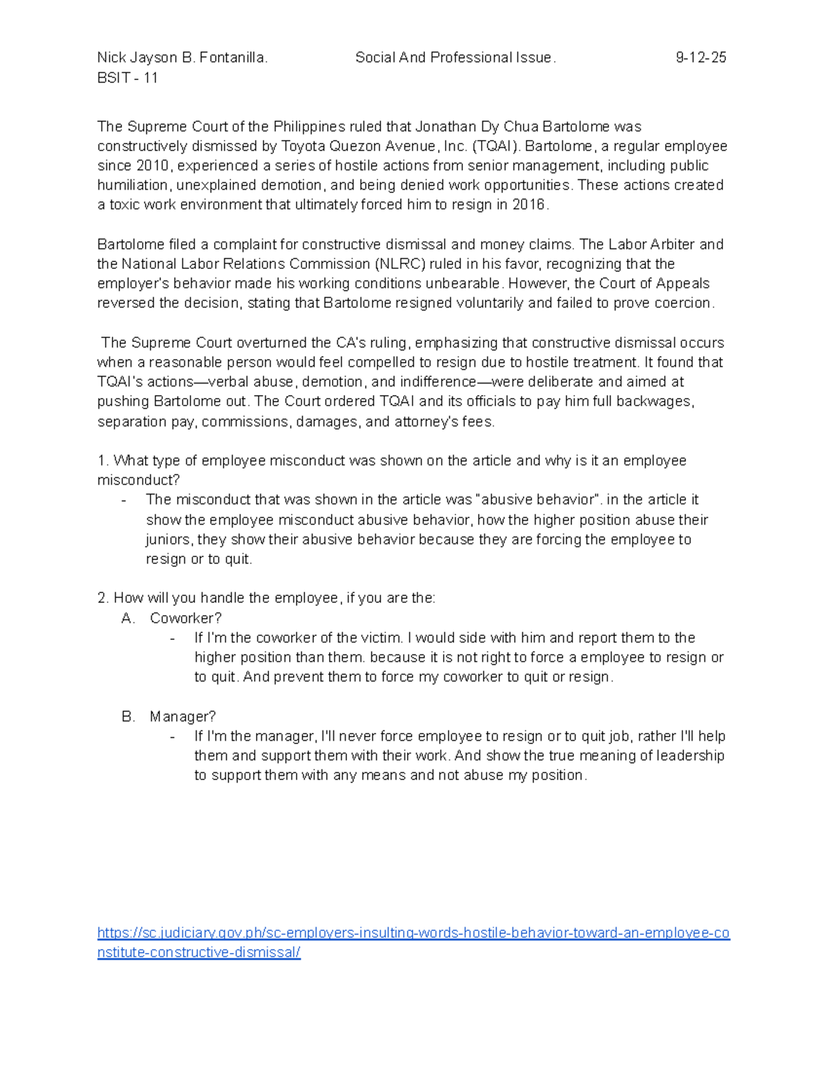 BSIT 11 Case Study: Constructive Dismissal in the Philippines - Studocu