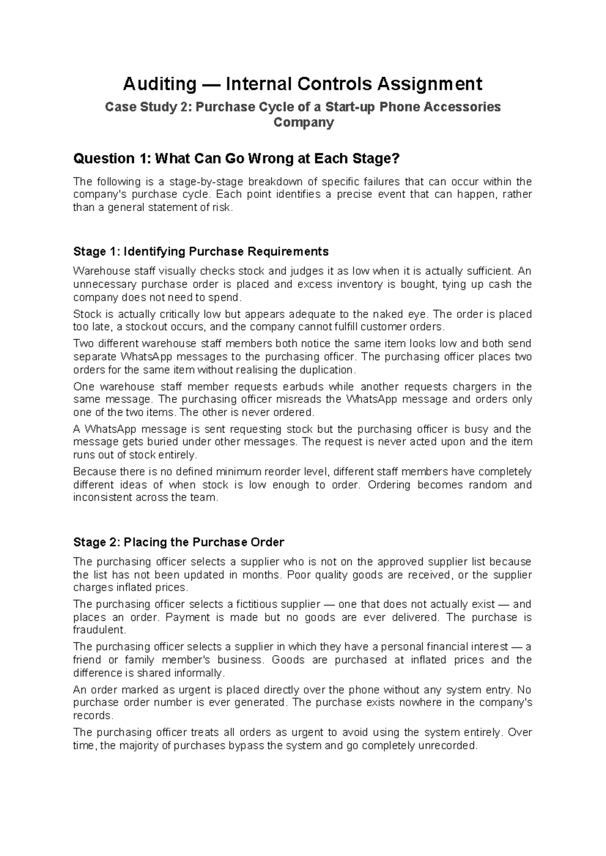 Audit Assignment Case Study 2: Risks in Purchase Cycle Controls - Studocu
