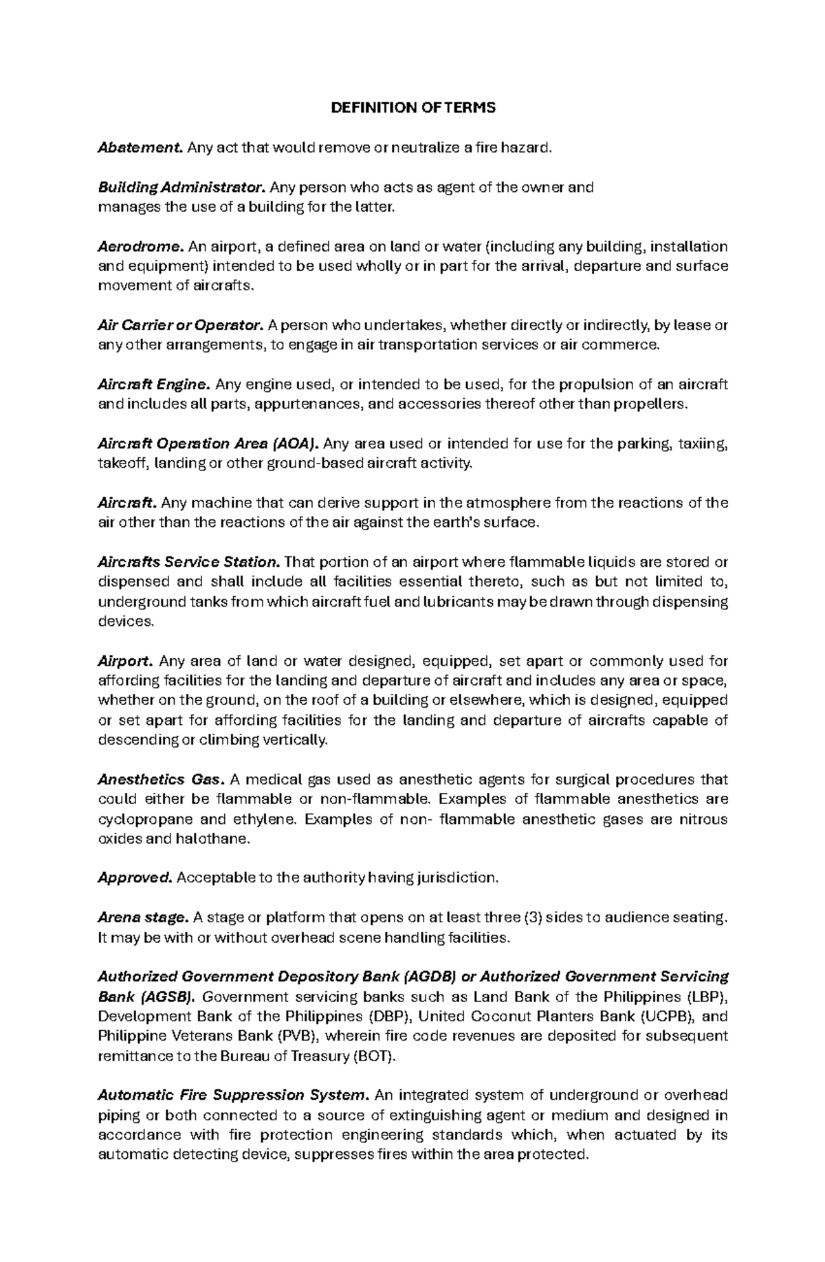 BFP - Definition of Terms - DEFINITION OF TERMS Abatement. Any act that ...