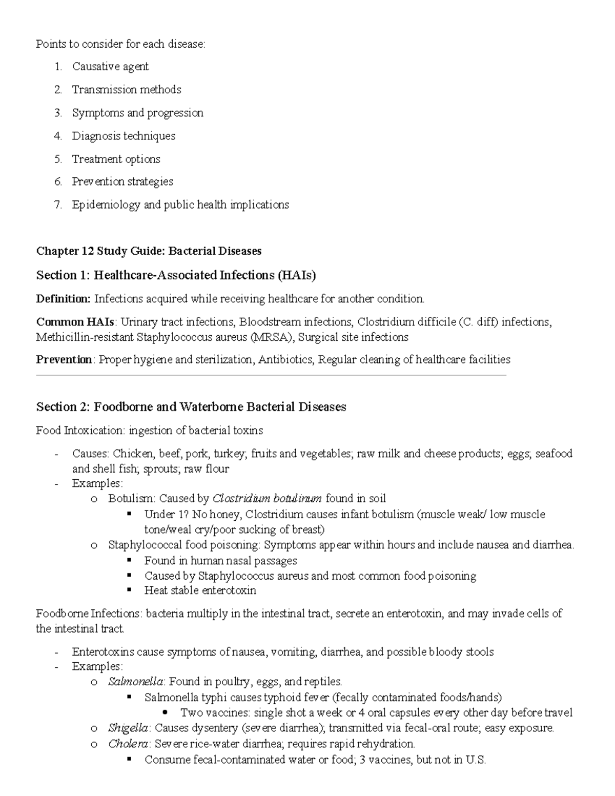 Chapter 12 Study Guide: Bacterial Diseases and Infections - Points to ...