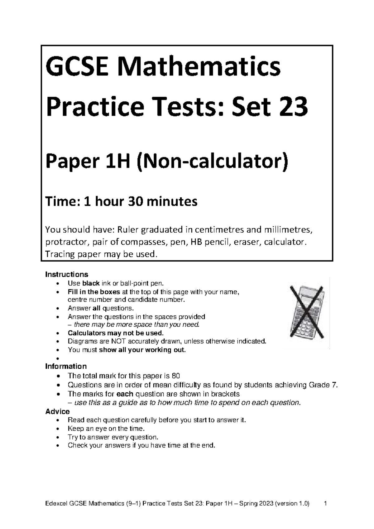 Edexcel GCSE Maths Practice Tests: Set 23 Paper 1H (Spring 2023) - Studocu