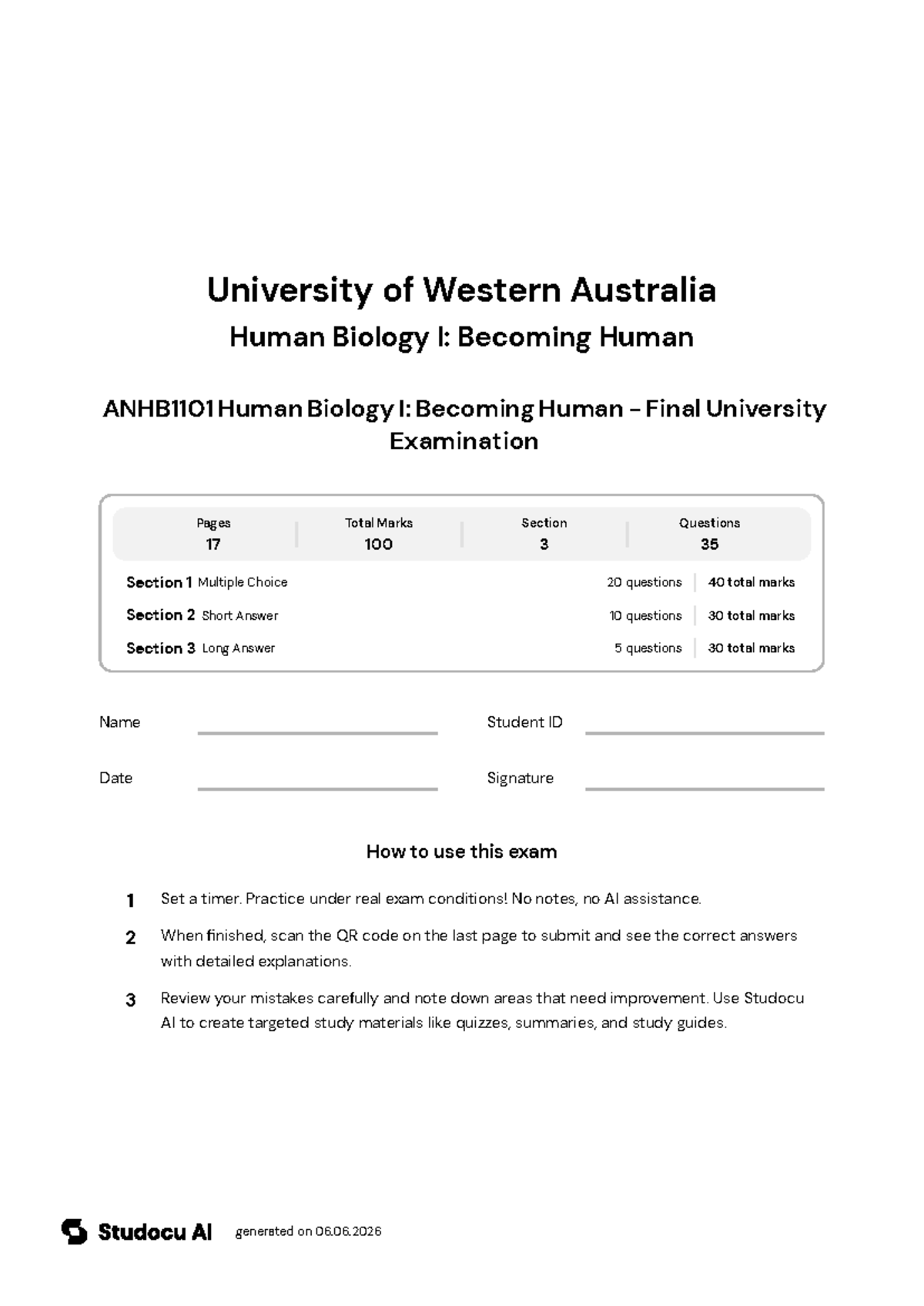 ANHB1101 Human Biology I: Becoming Human - Final Exam - Studocu