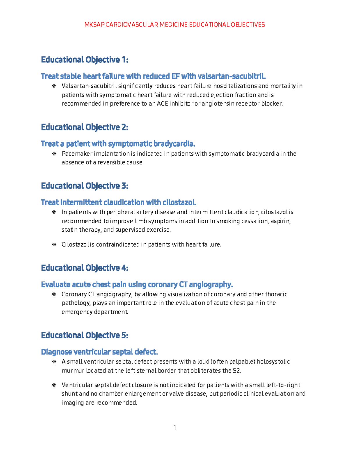MKSAP 19 Cardiovascular Medicine Educational Objectives Summary - Studocu