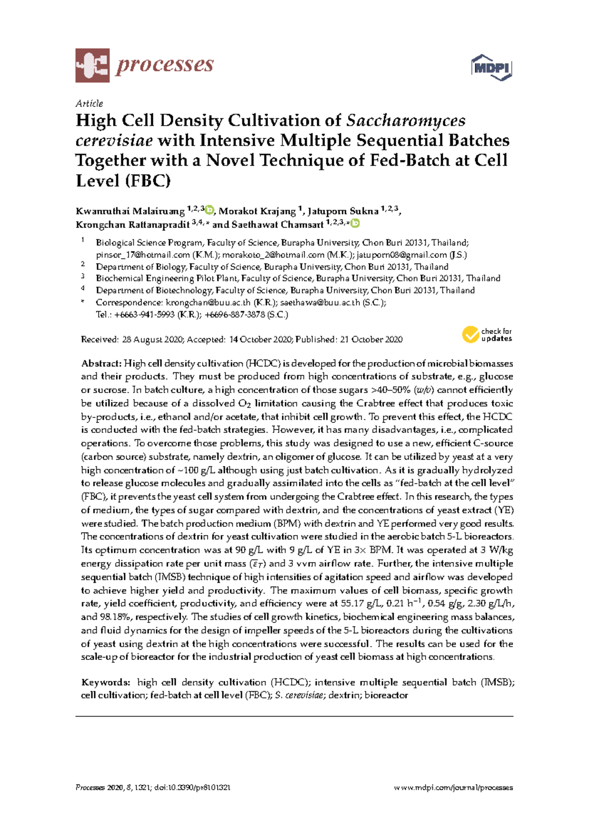 High Cell Density Cultivation of Saccharomyces cerevisiae Using Dextrin ...