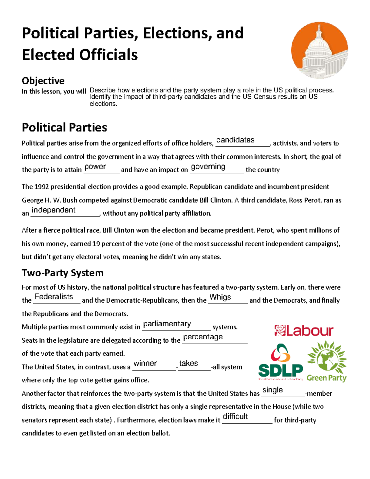 Guided Notes: Political Parties, Elections, and Elected Officials (POL ...