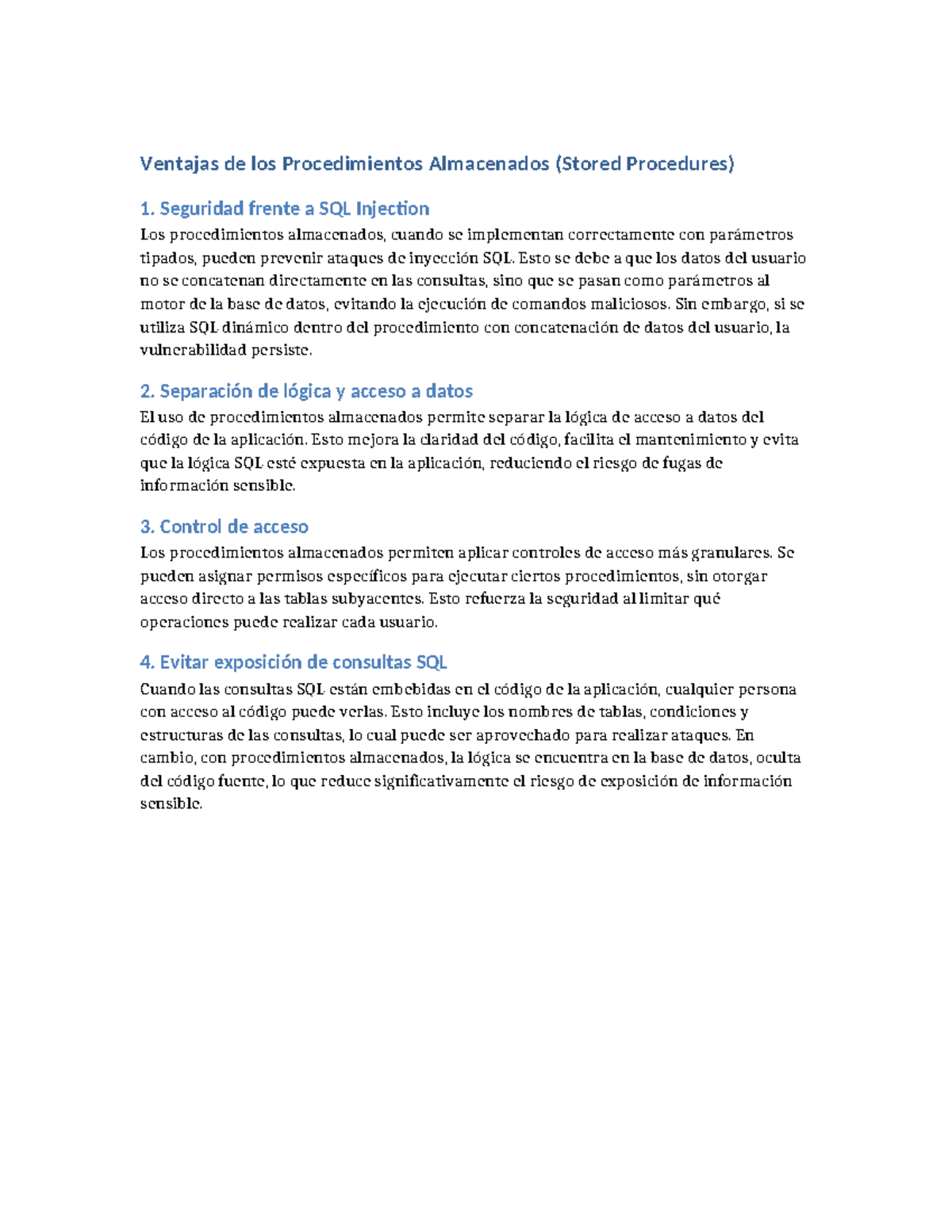 Ventajas de los Procedimientos Almacenados (Stored Procedures) - Studocu