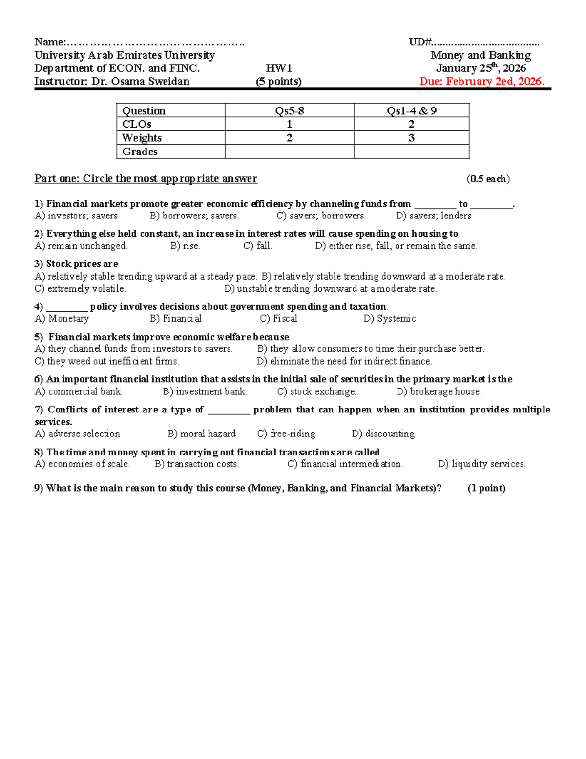 ECON 101: HW1 Money and Banking Assignment (Due Feb 2, 2026) - Studocu