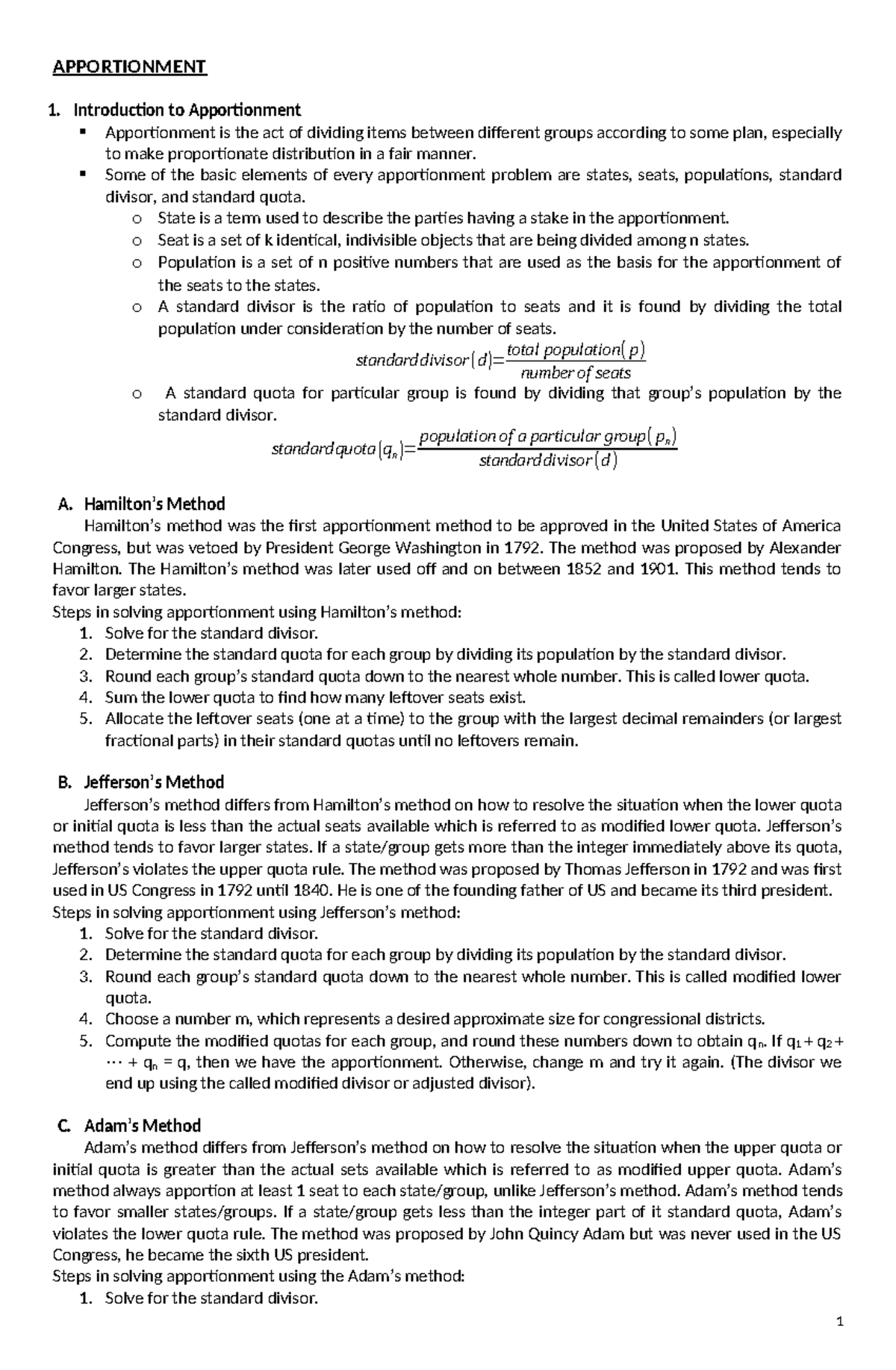 Apportionment Methods Overview: Hamilton, Jefferson, Adam, Webster ...