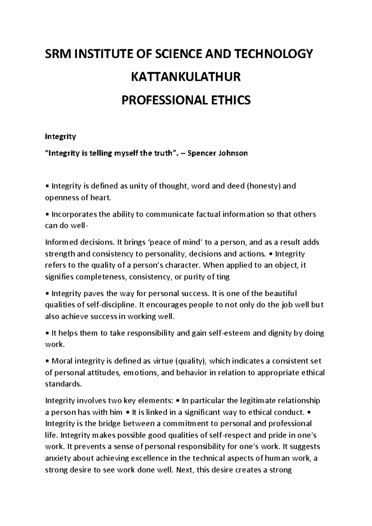 Ethics & Integrity in Professional Life: Key Aspects & Insights - Studocu