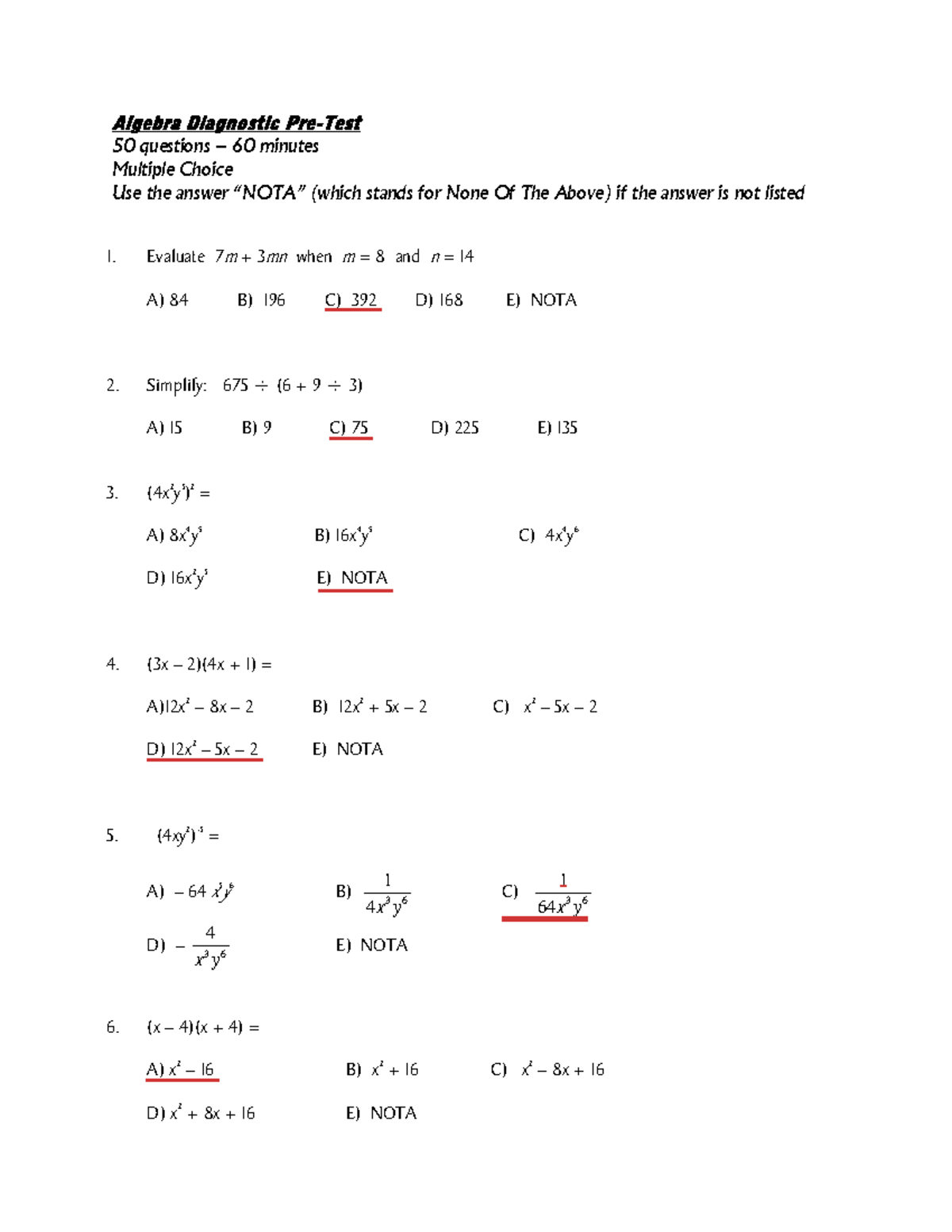 Algebra Practice Test 1: Diagnostic Pre-Test with 50 Questions - Studocu