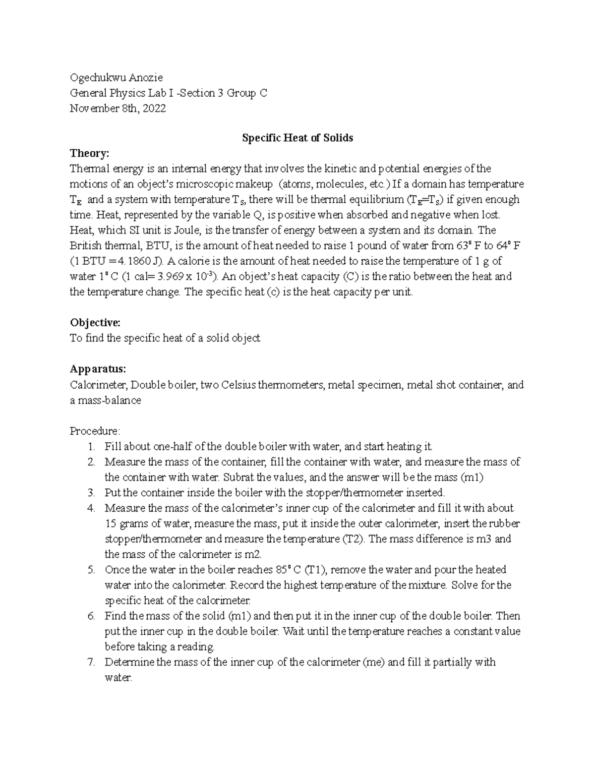 Specific Heat of Solids Experiment - General Physics Lab I (GPH 101 ...