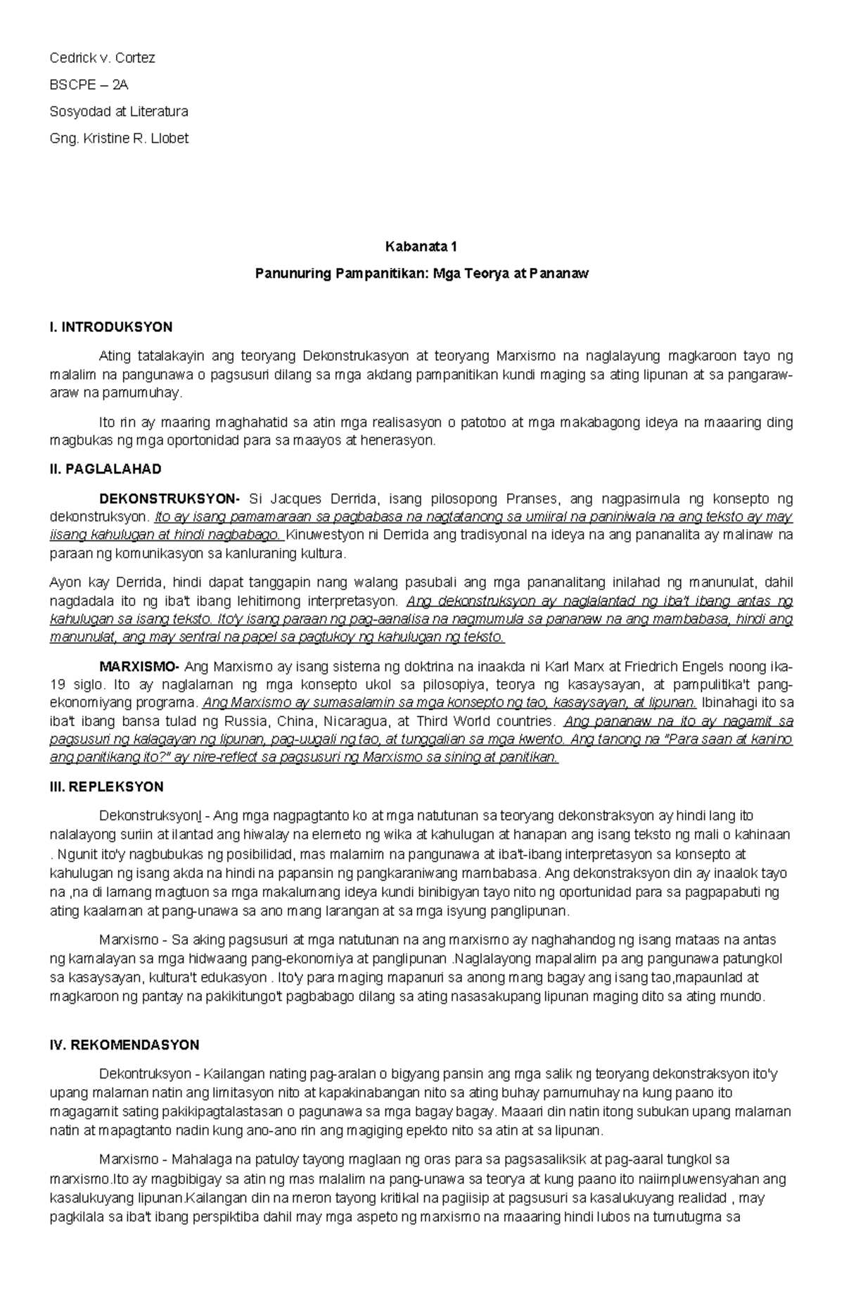 Dekonstruksyon at Marxismo: Mga Pagsusuri at Realisasyon (BSCPE 2A ...