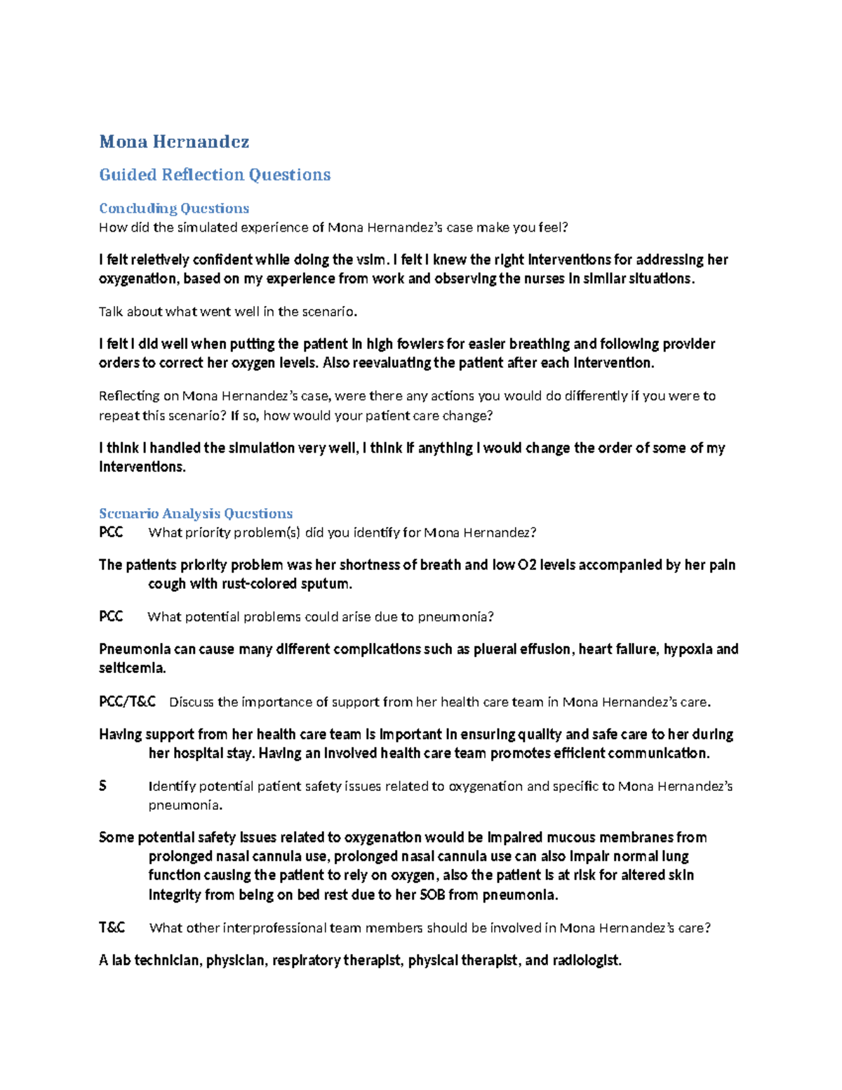 V Sim2 - Mona Hernandez Final Debrief Reflection Questions and Analysis ...