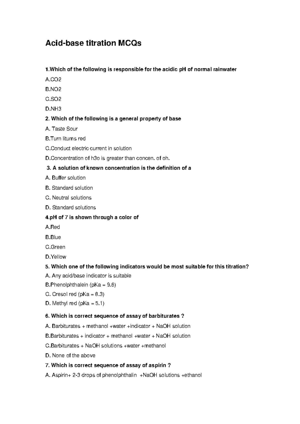 ACID-BASE Titration MCQs (Practice Questions for Exam) - Studocu