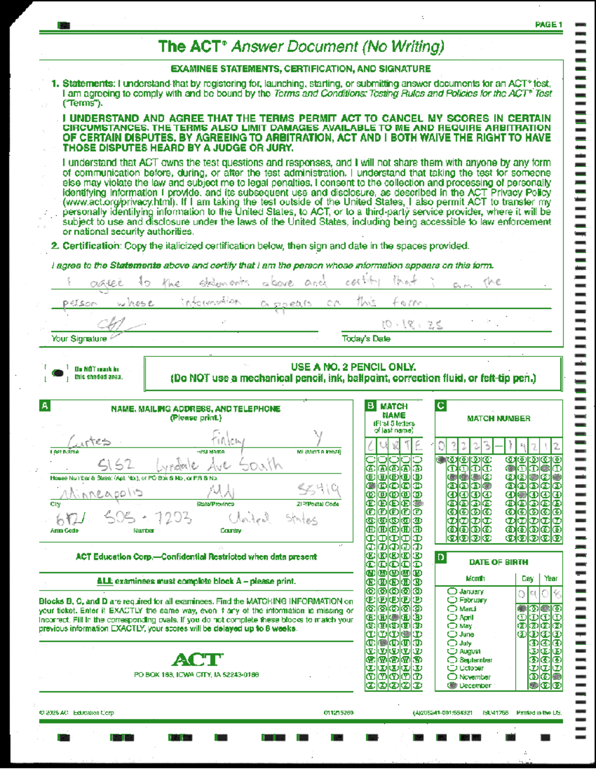 ACT Exam Answer Document: Certification and Compliance Statements - Studocu