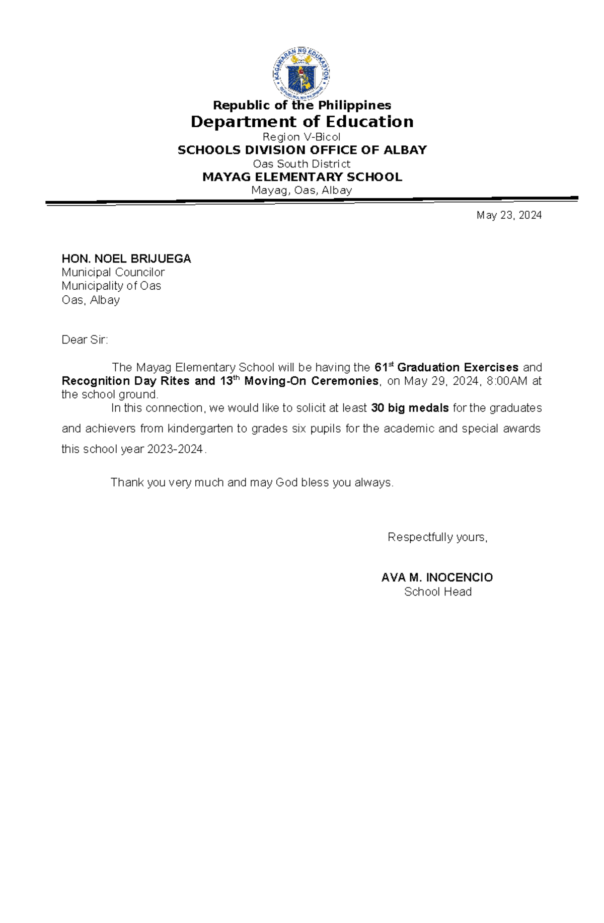 Graduation Medal Solicitation Letters for Mayag & Casinagan ES - Studocu