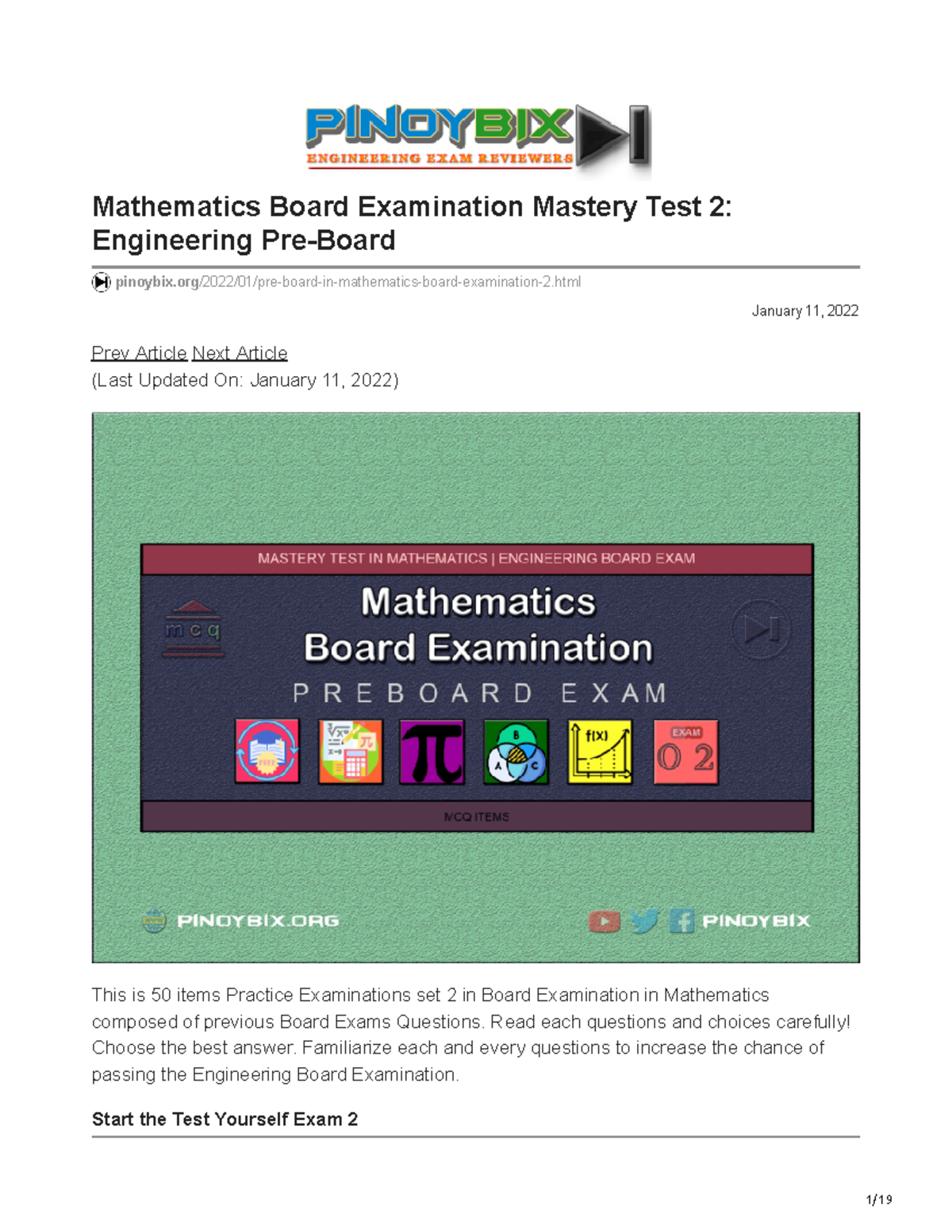 Mathematics Board Exam Mastery Test 2: Engr Pre-Board Review Guide ...