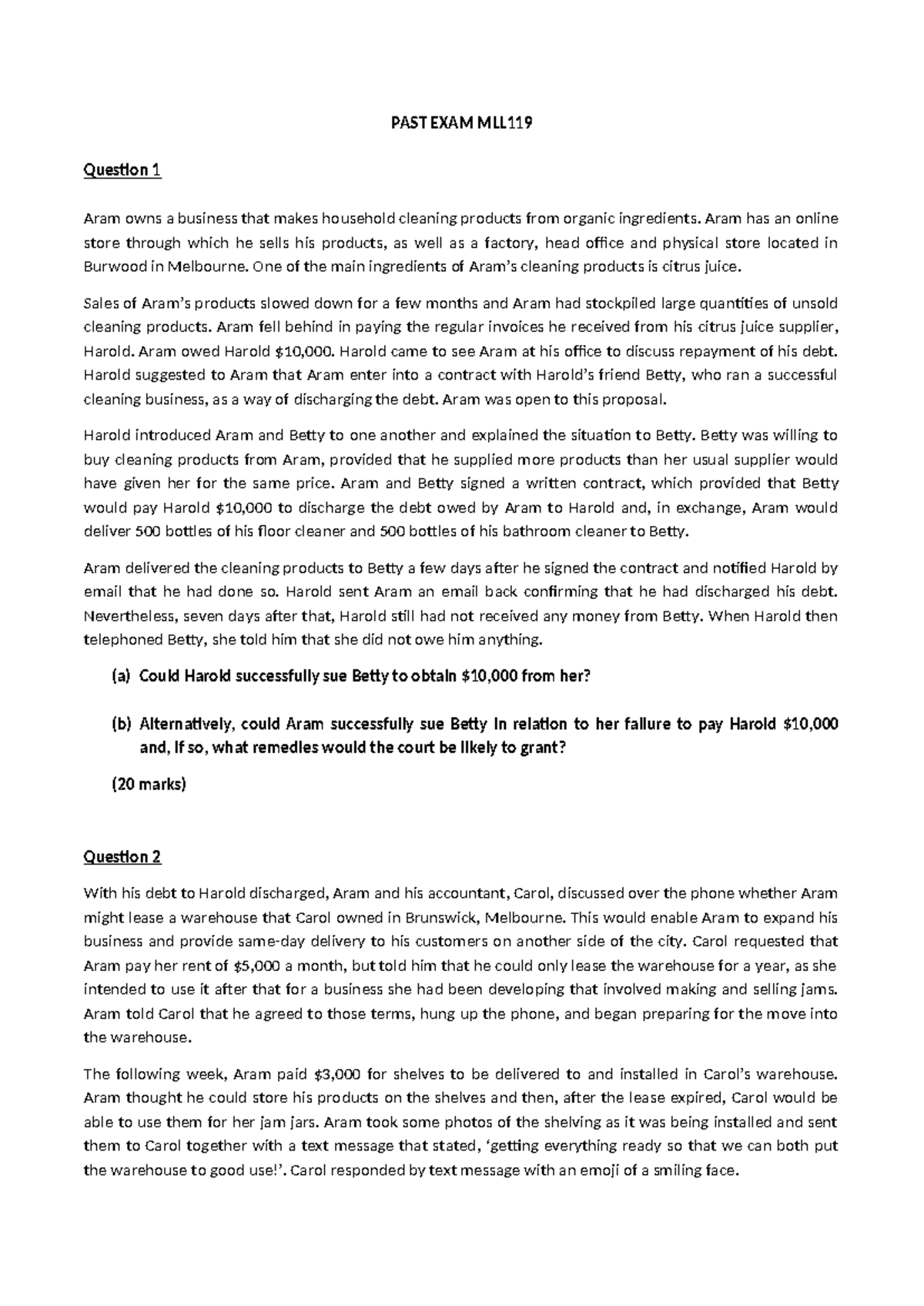 Past Exam Revision MLL119: Business Law Case Study Analysis - Studocu