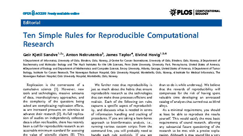 Ten Simple Rules for Reproducible Comp. Research (PLoS Comp Biol) - Studocu