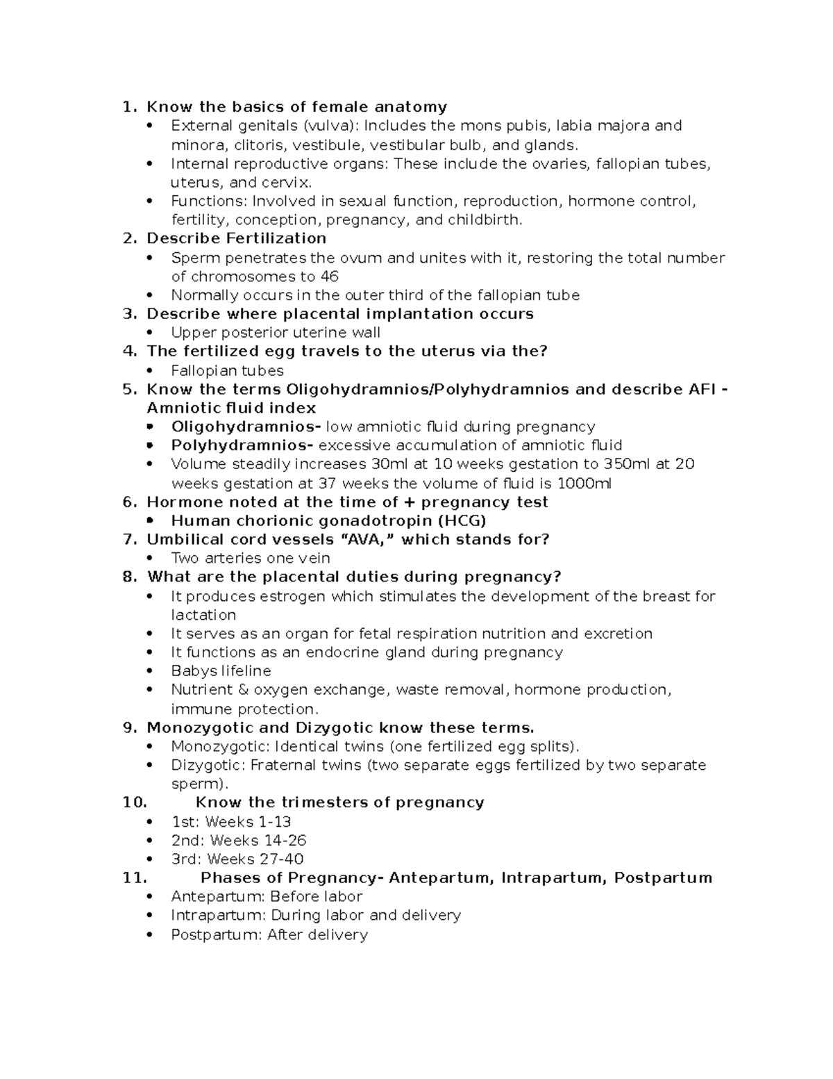 OB Quiz 1 Review: Key Concepts in Female Anatomy & Pregnancy - Studocu