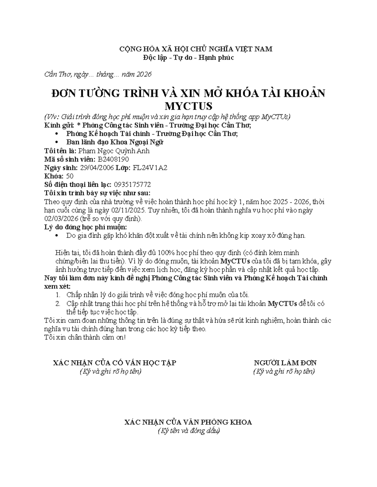 Đơn Giải Trình Mở Tài Khoản MyCTUs - SV B2408190 - Studocu