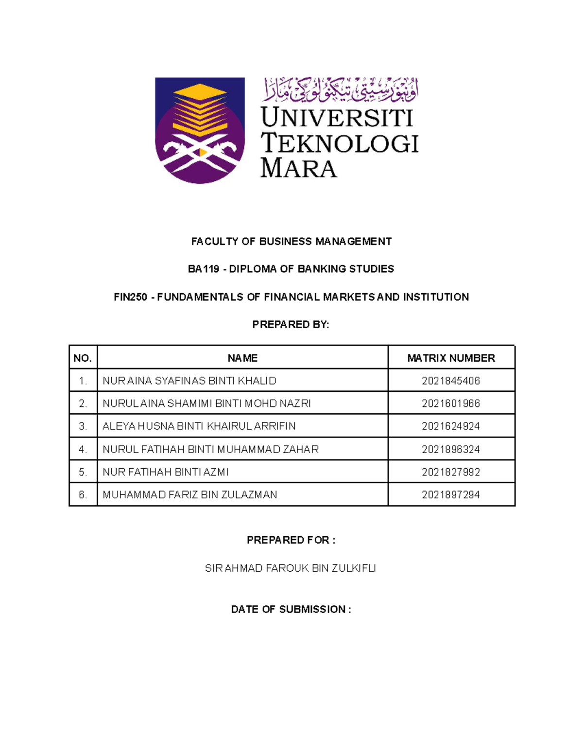 FIN250 Assignment 2(MGS) - FACULTY OF BUSINESS MANAGEMENT BA119 ...