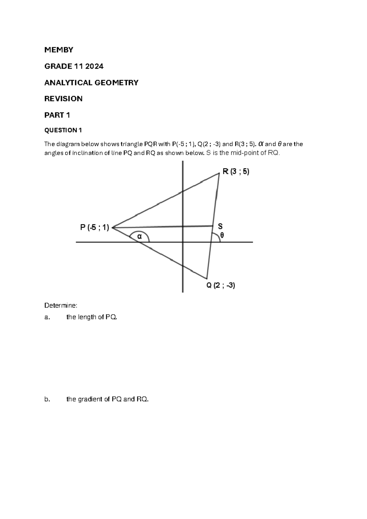 Analytical Geometry Revision Notes for Grade 11 (Part 1) - Studocu
