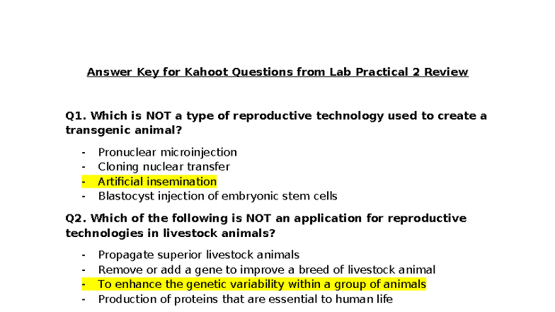 Answer Key for Kahoot Lab Practical 2 Review - Studocu