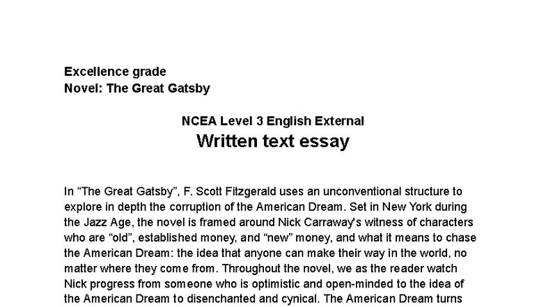 Excellence Essay: The Great Gatsby's Unconventional Structure - NCEA L3 ...