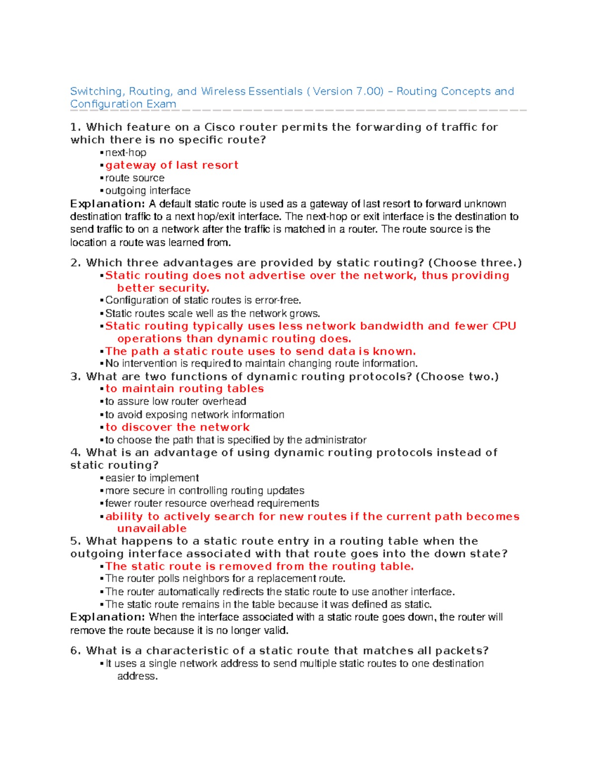 Ccna 2 V7 Modules 14 16 Routing Concepts And Configuration Exam Answers Switching Routing