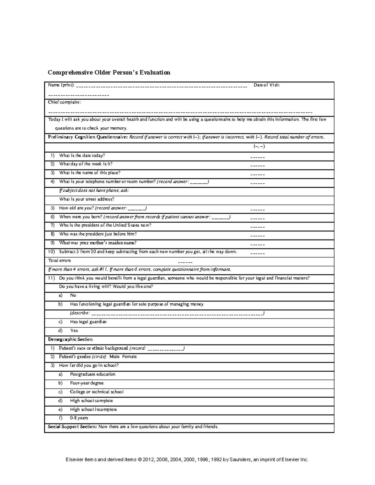 Comprehensive Older Evaluation (COE) Questionnaire and Assessment - Studocu