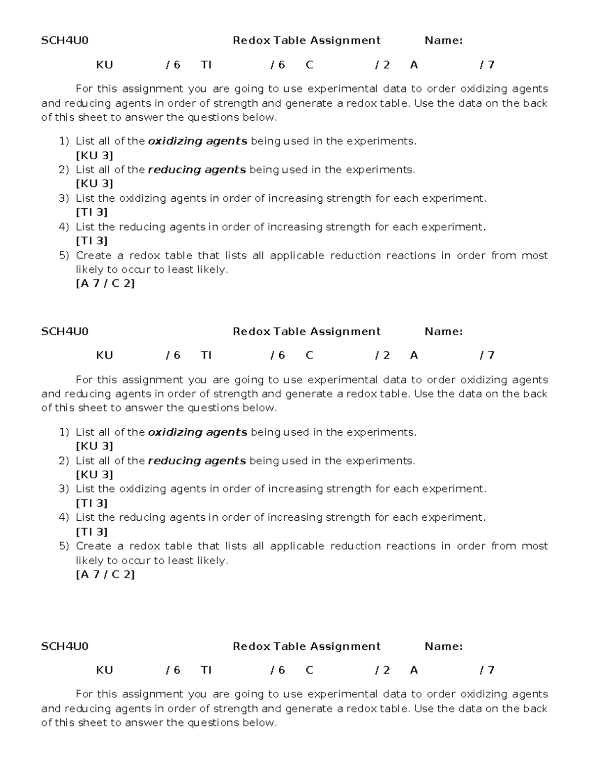 SCH4U0 Redox Table Assignment: Strength of Agents Analysis - Studocu