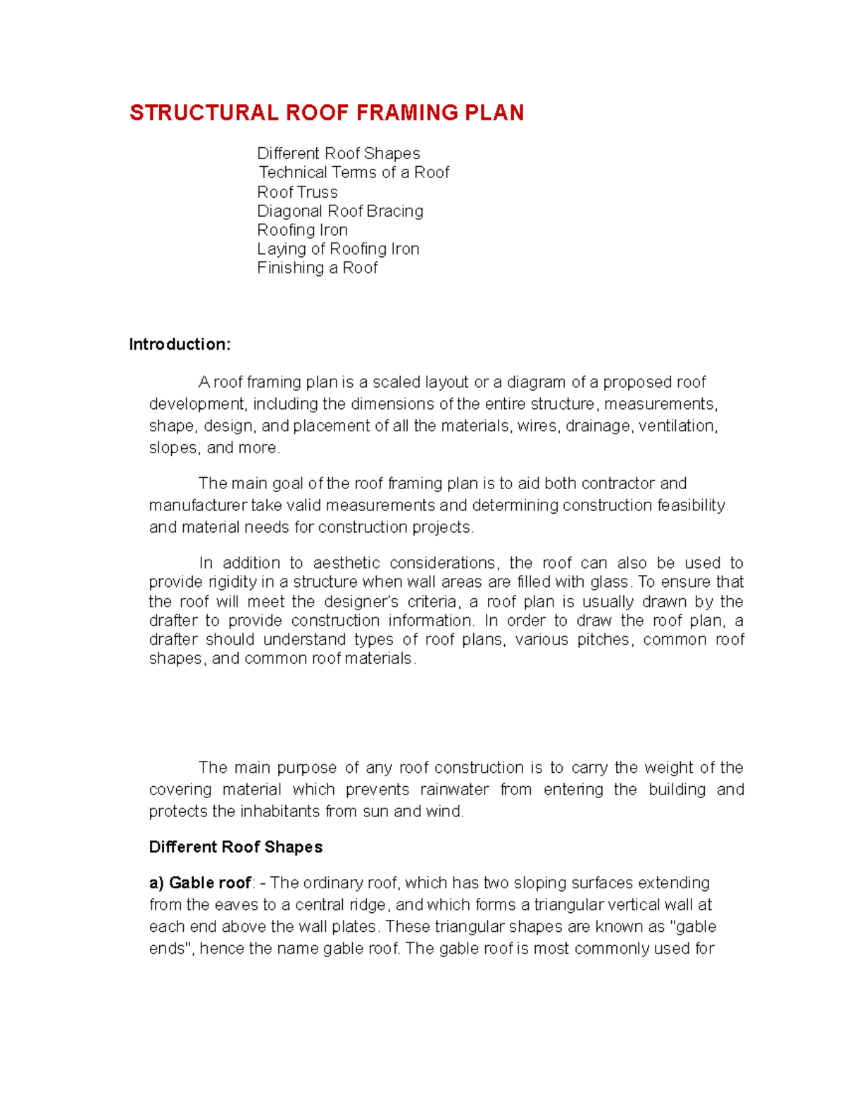 Structural Roof Framing Plan: Key Concepts and Techniques - Studocu